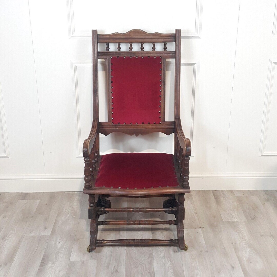 Antique American Style Rocking Chair With Red Cotton Velvet & Castors ...