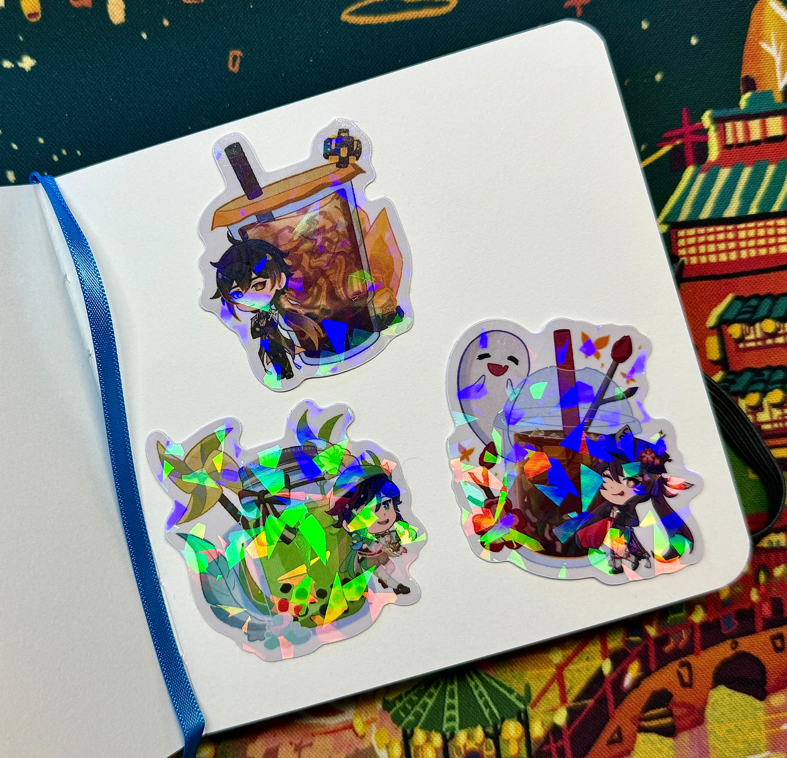 Genshin Impact Boba Tea Holographic Waterproof Stickers Hu Tao Zhongli ...