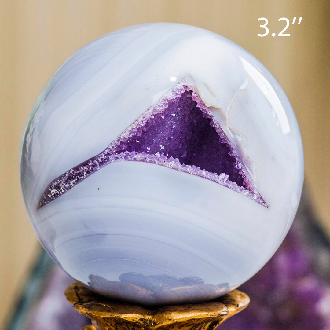 Gorgeous Polished Brazilian Blue Agate Sphere, Druzy Amethyst Geode ...