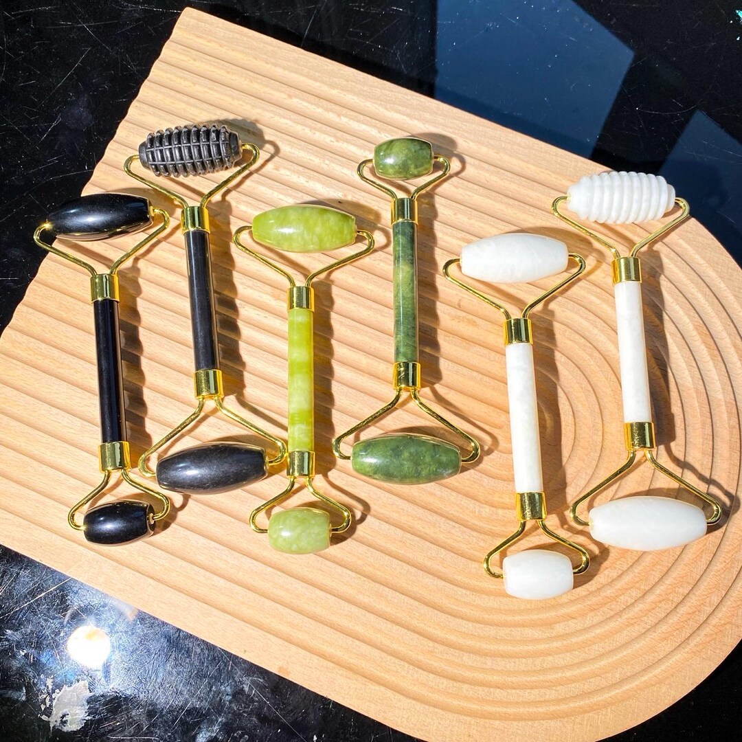 Natural Jade Rolling Massage Tool, Crystal Face Roller, Handle Jade ...