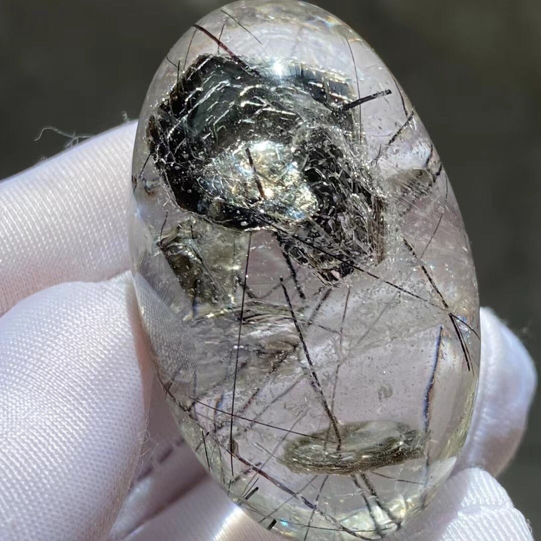 Green Mica Flowers With Black Rutilated Quartz Egg Cabochon, Healing ...
