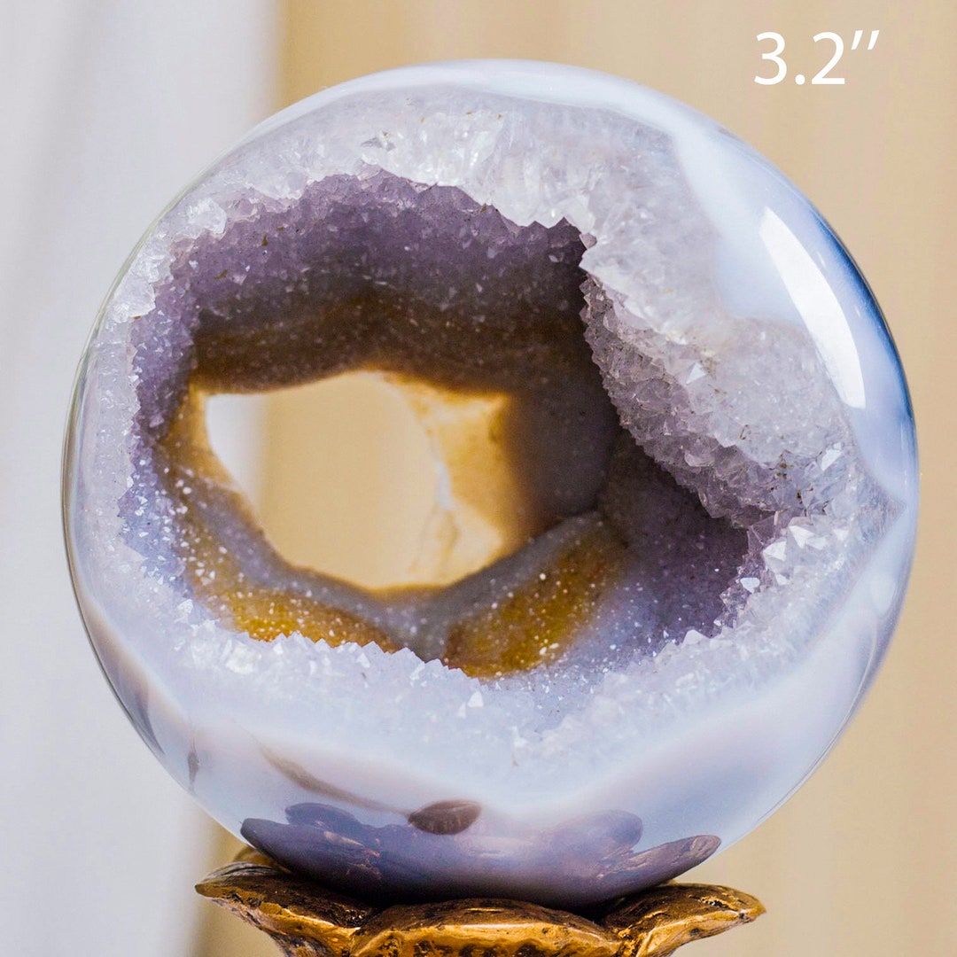Polished Brazilian Blue Agate with Hole Sphere, Druzy Amethyst Geode ...