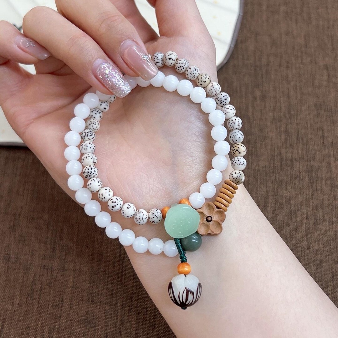 White Jade Bodhi Root Bracelet, Star Moon Olive Wood, Ethnic Amulet - Etsy