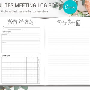 Canva Editable Meeting Minutes Log Book KDP Interior 6x9 Inches no ...