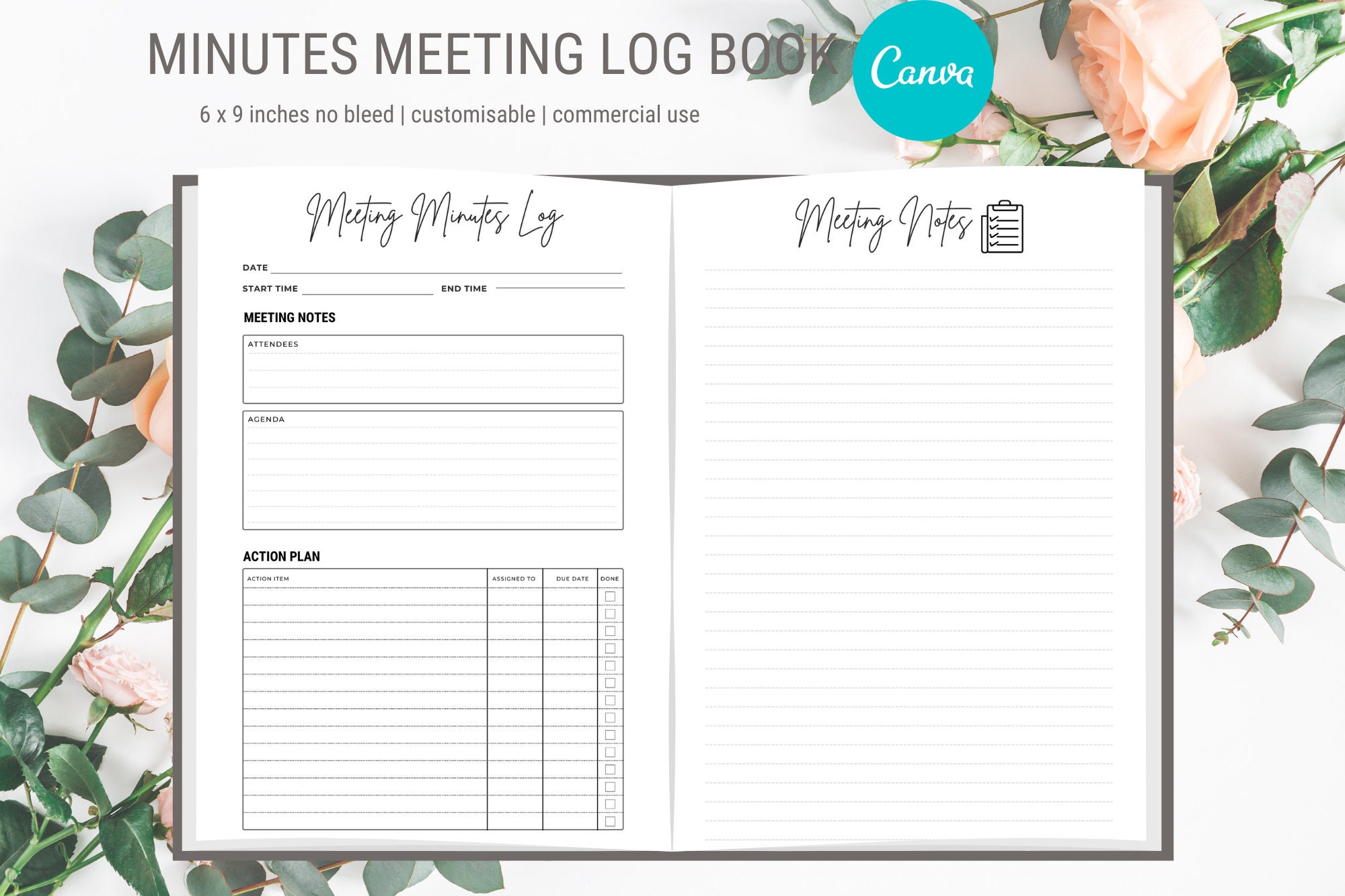 Canva Editable Meeting Minutes Log Book KDP Interior 6x9 Inches no ...