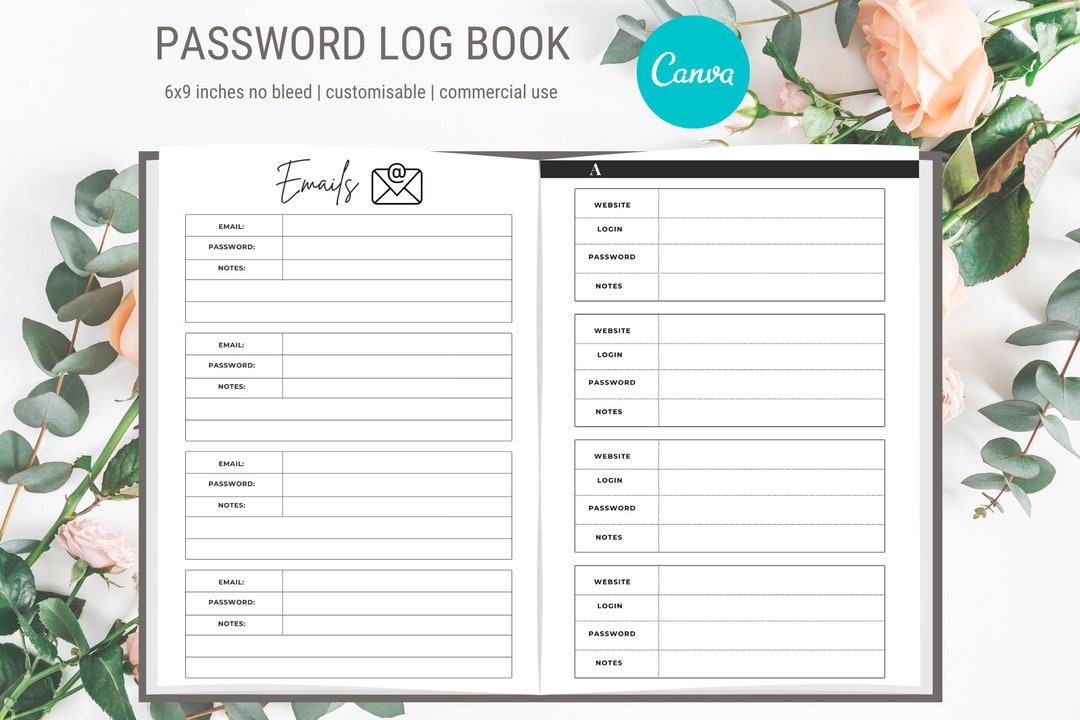 Password Log Book Canva Editable KDP Interior 6x9 Inches no Bleed ...