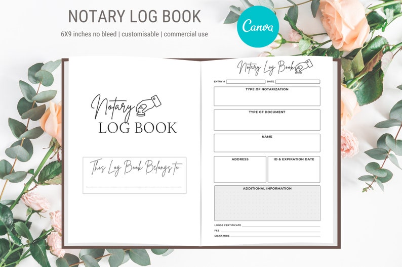 Notary Log Book Canva Editable Template | KDP Interior | 6x9 Inches (no ...