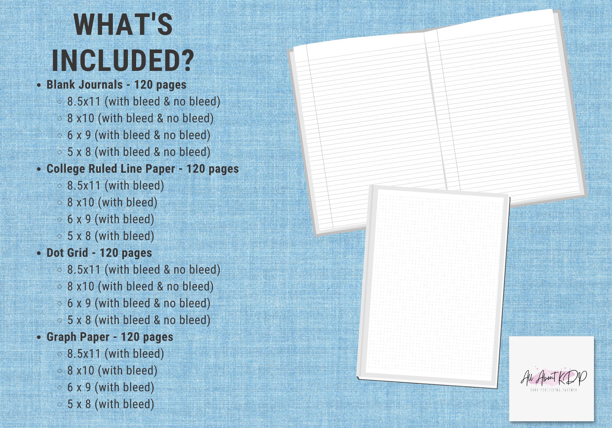 KDP Interiors Bundle Blank Lined, Dot Grid, Graph Paper, College Ruled ...