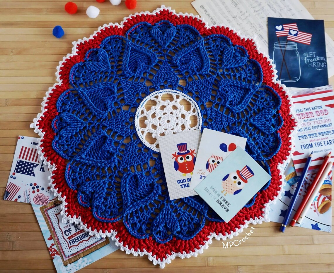 Patriotic Crochet Doily: 4th July Red White Blue Mandala, 22" - Etsy