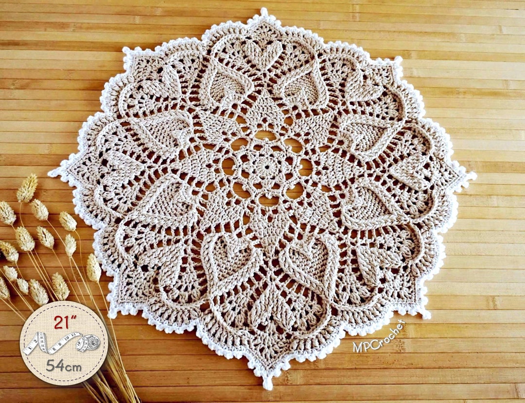 Tan Beige Crochet Doily 21 Inch With Hearts in Relief, Natural Beige ...