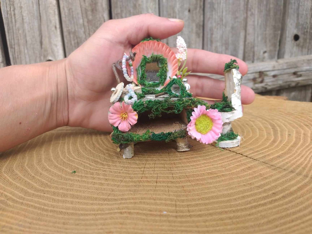 Fairy Dressing Table With Mirror& Stool Figurine Miniature Fairy Garden ...