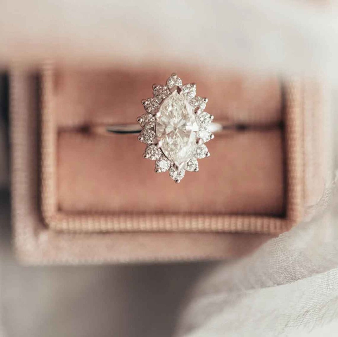 Sunburst Marquise Cut Simulated Diamond Wedding Ring, Halo Engagement ...