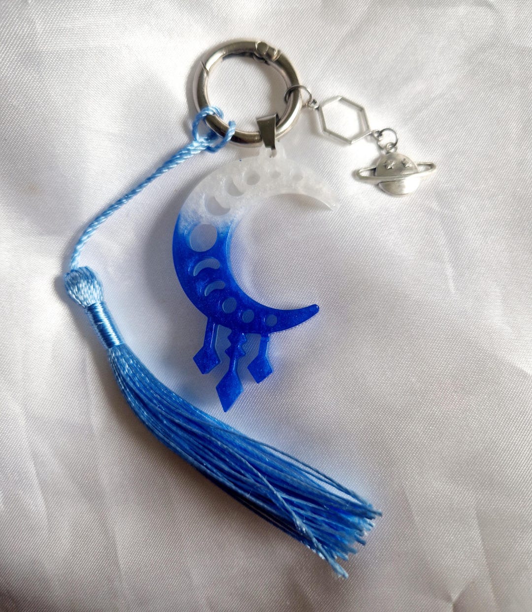 Resin Bag Charm Gradient Blue Moon With Pompom and Planet Charm - Etsy