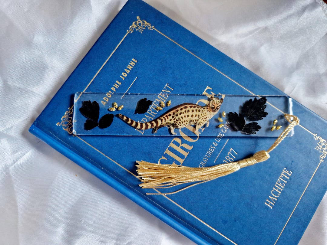 Marque-page artisanal en résine avec feuilles séchées et félin exotique ...