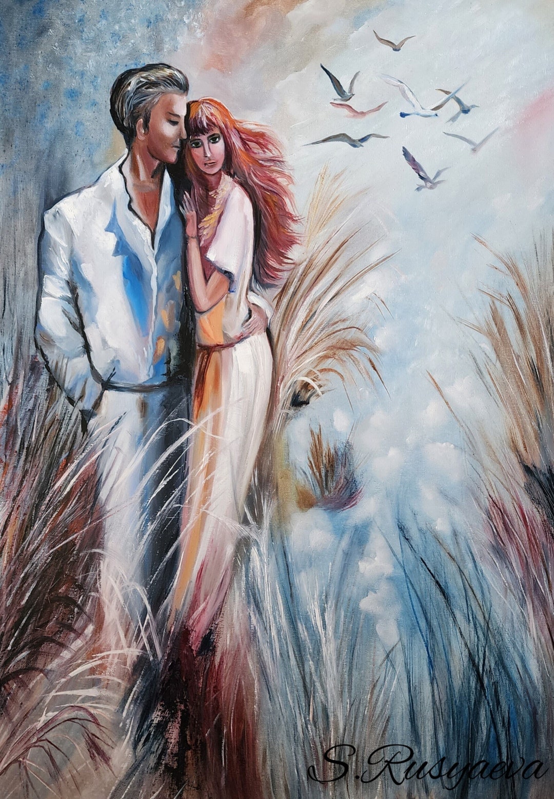 Romantic Couple Oil Painting, Original Rendezvous Wall Art (20x27) - Etsy