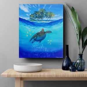 Turtle Little Baby Original Oil Painting 20x24" Water Animal Art Vacation Vibe Painting ...