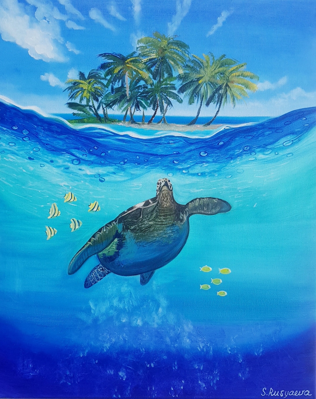 Turtle Little Baby Original Oil Painting 20x24" Water Animal Art Vacation Vibe Painting ...