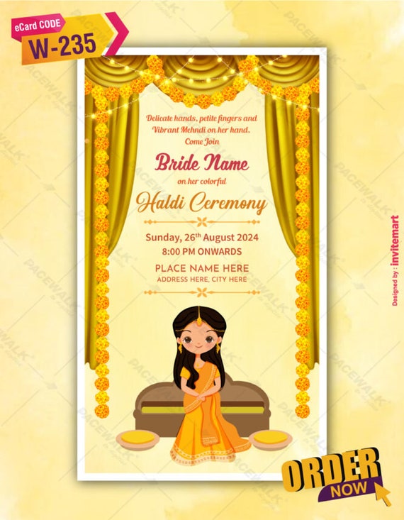 Colorful Caricature Theme Wedding Haldi Ceremony Invitation Card With 