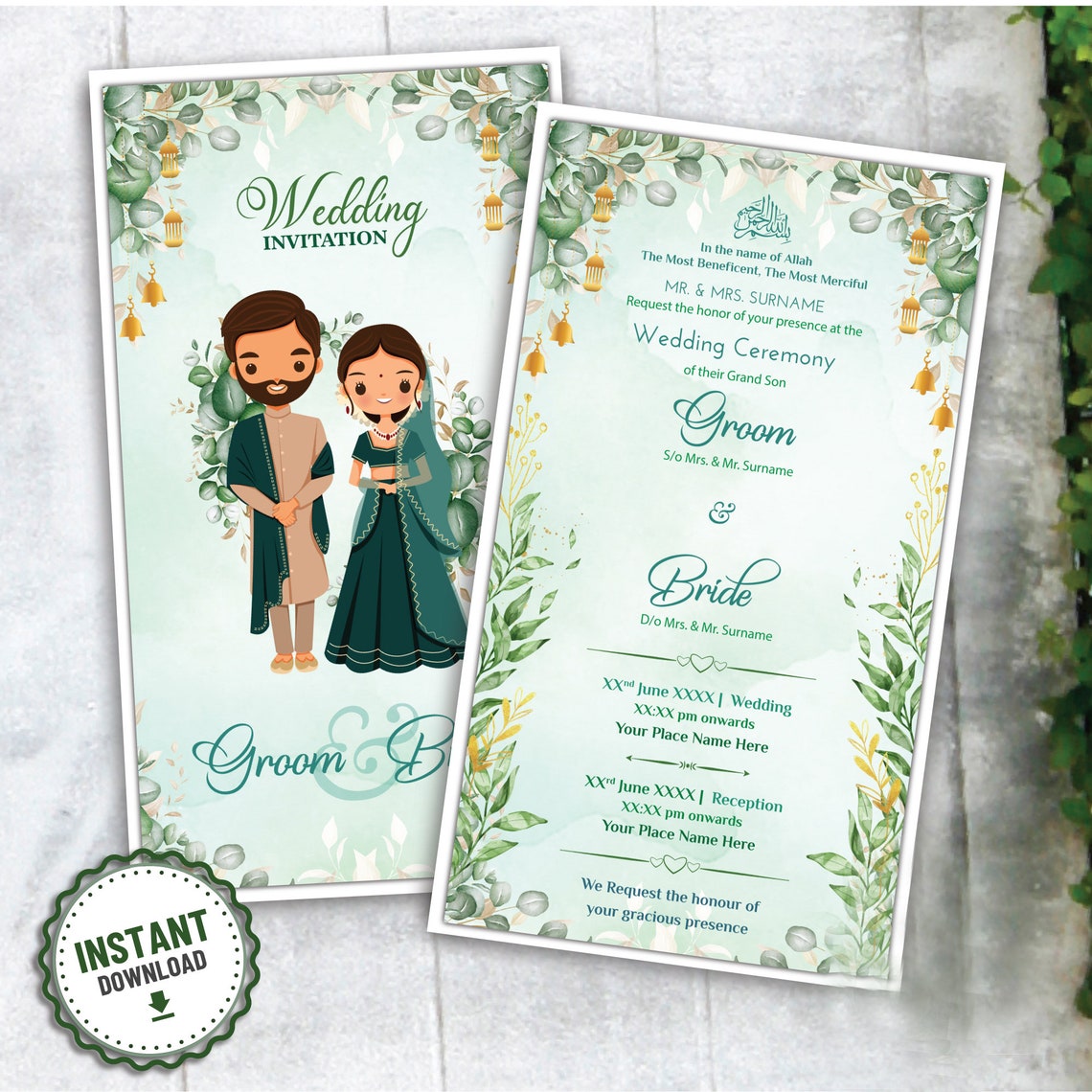 Muslim Cartoon Couple Wedding Invitation, Nikkah Invite, Muslim Wedding ...