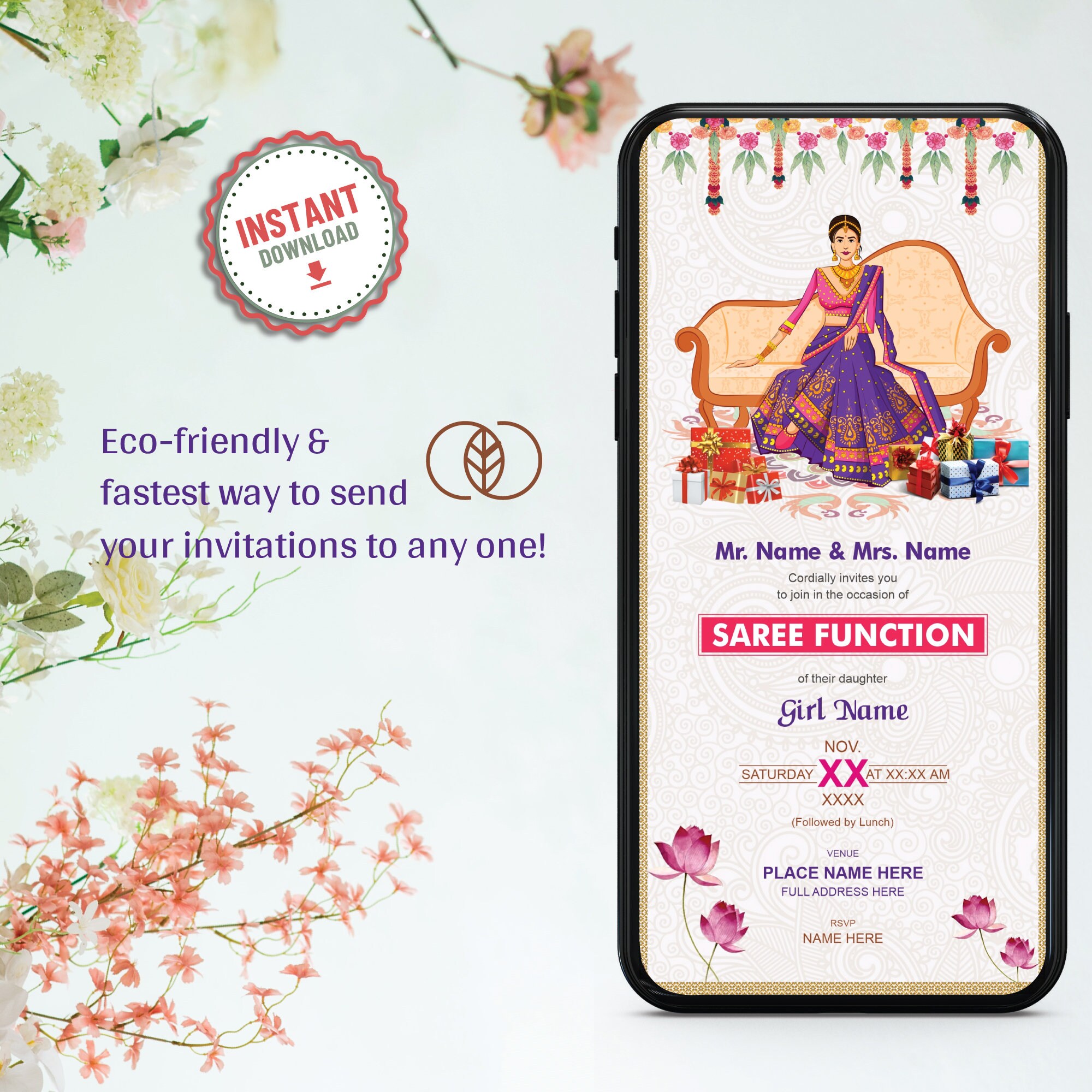 Half Saree Function Invitations & Saree Evite, Half Saree Invitations ...