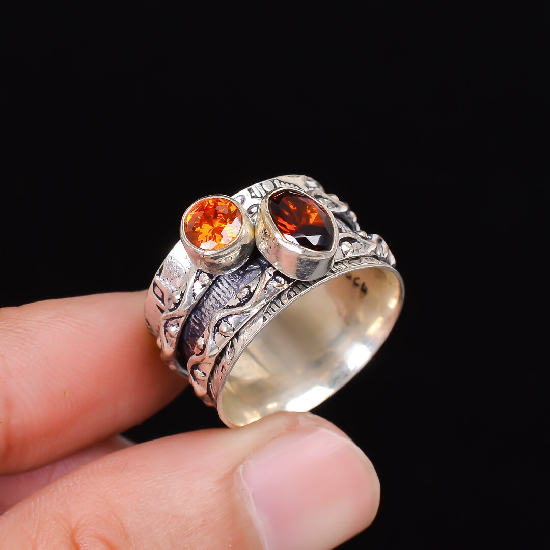 Garnet and Cubic Zirconia Gemstone Spinner Ring Sterling Silver Spinner ...
