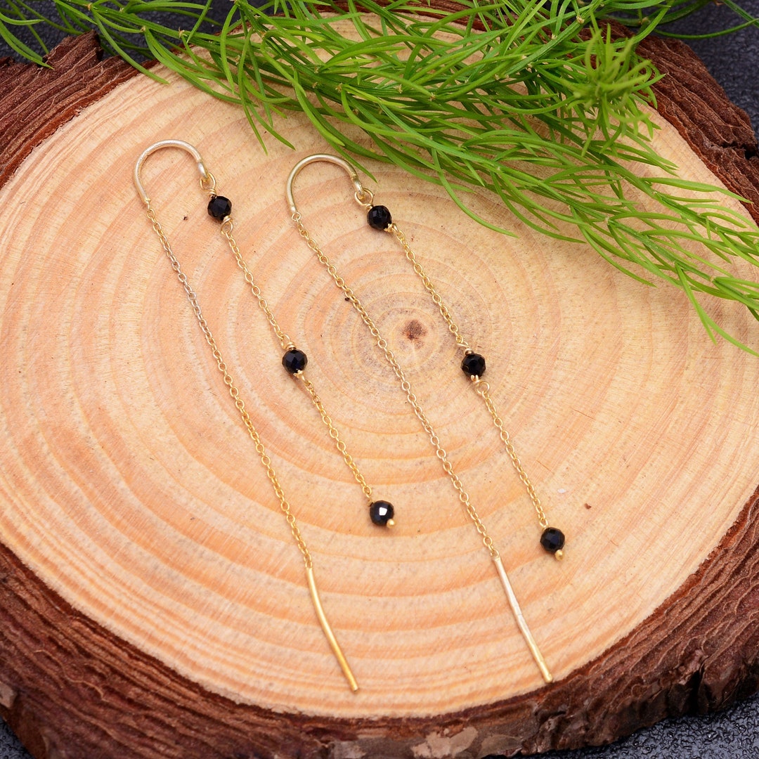 925 Sterling Silver Gold Plating Thread Earrings | Black Onyx Thread ...