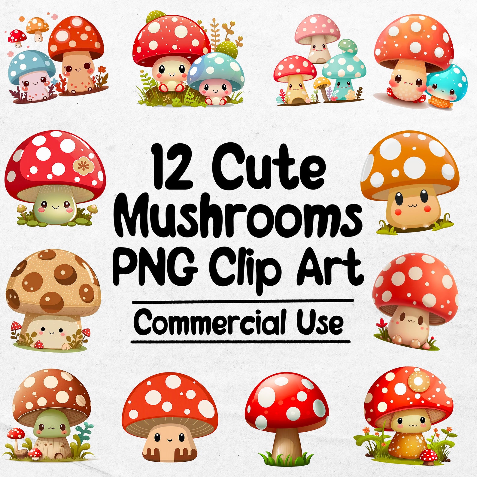 12 Cute Mushroom Clip Art PNG Instant Download 300 DPI Commercial Use ...