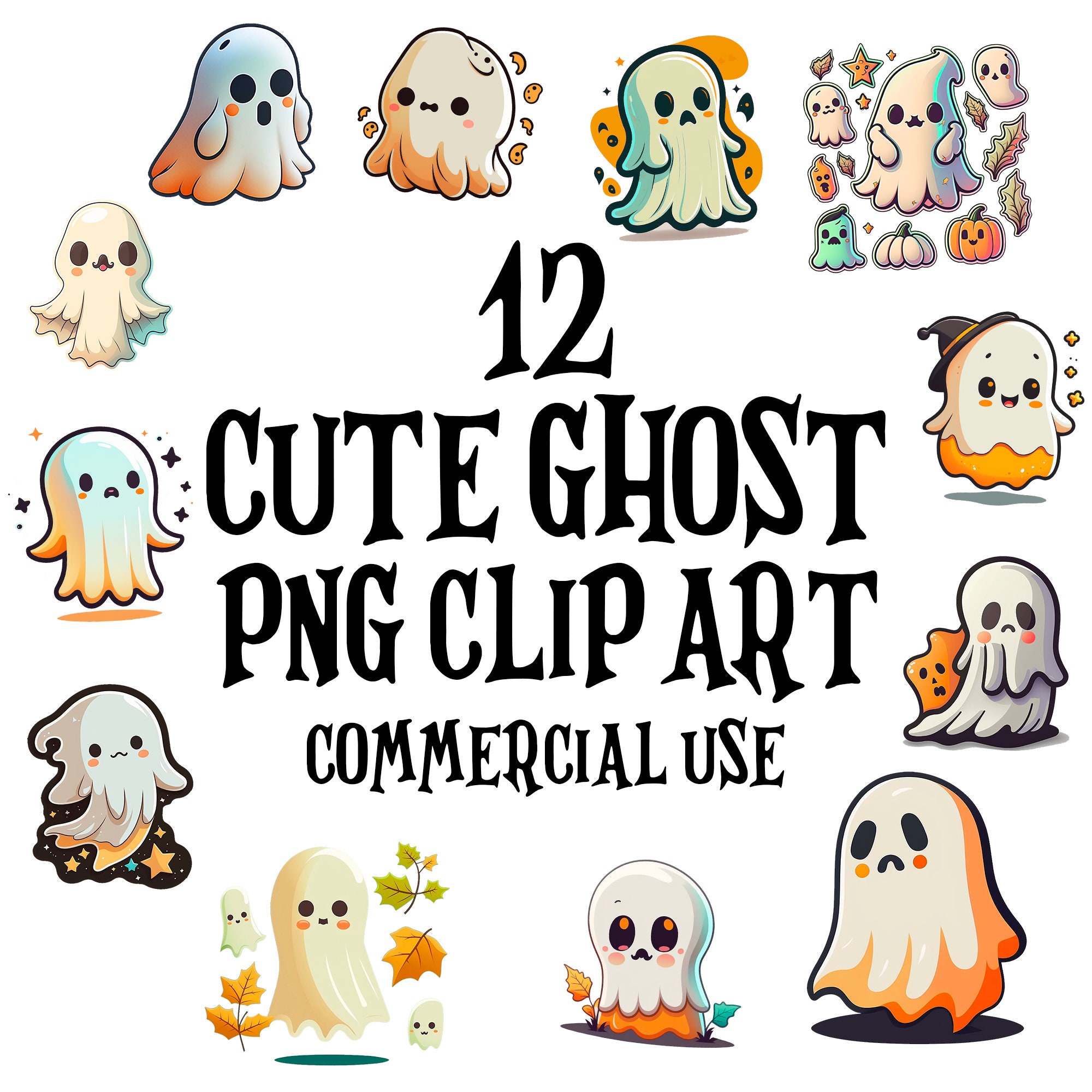 12 Halloween Cute Ghost Clipart | PNG | Instant Download | Commercial ...