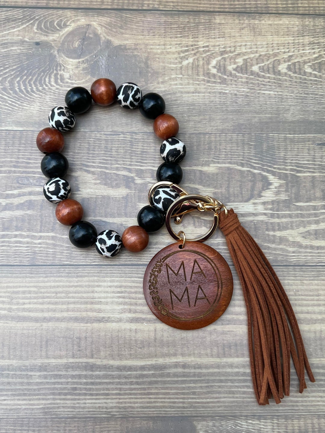 MAMA Wood Bracelet - Wood Monogram Keychain - Wood Beaded Keychain ...