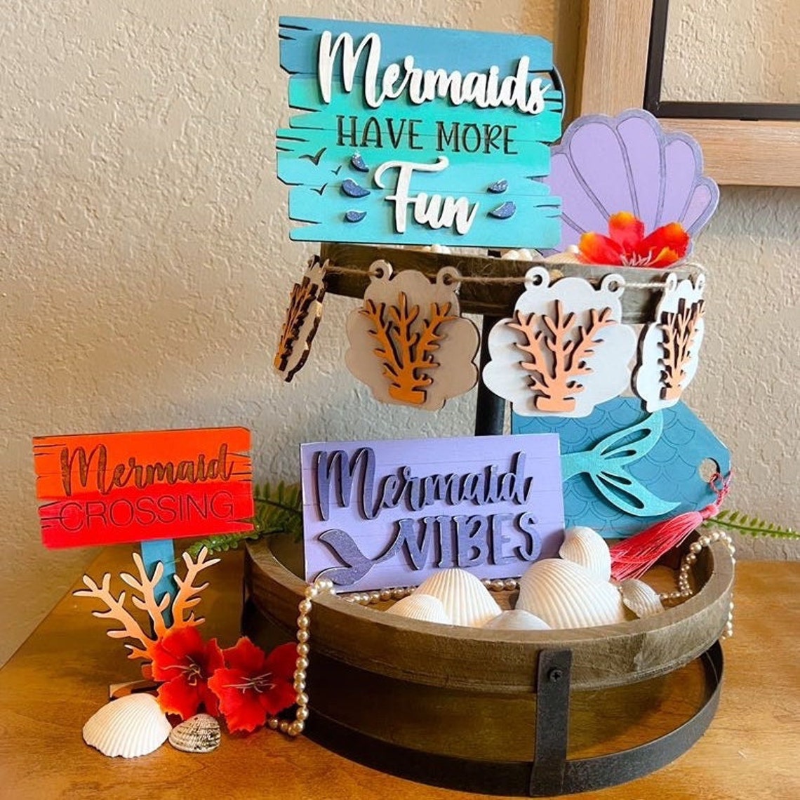 Mermaid Tiered Tray Set - Mermaid Decor - Beach Tiered Tray - Finished ...
