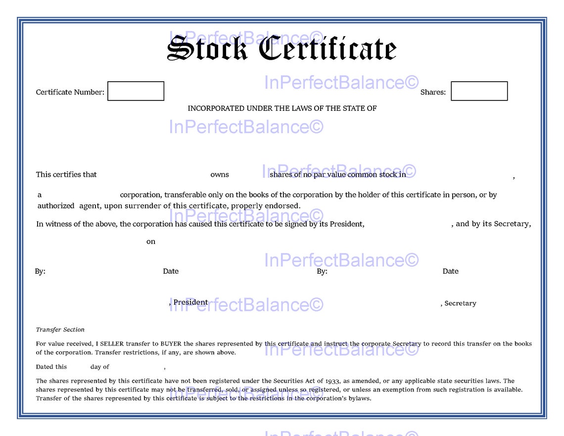 Fillable, Printable Corporate Stock Certificate Template - PDF - Etsy