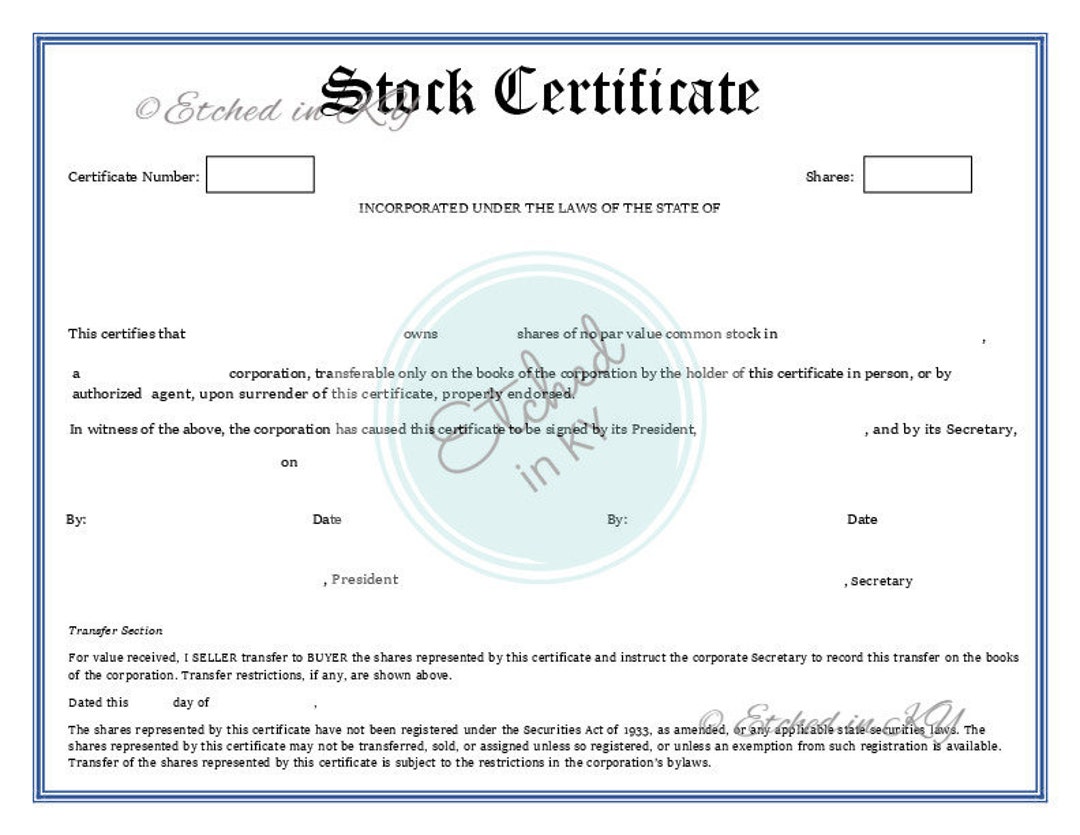 Fillable Printable Corporate Stock Certificate Template PDF - Etsy