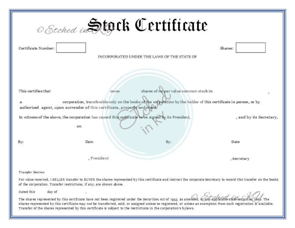 Fillable Printable Corporate Stock Certificate Template PDF - Etsy