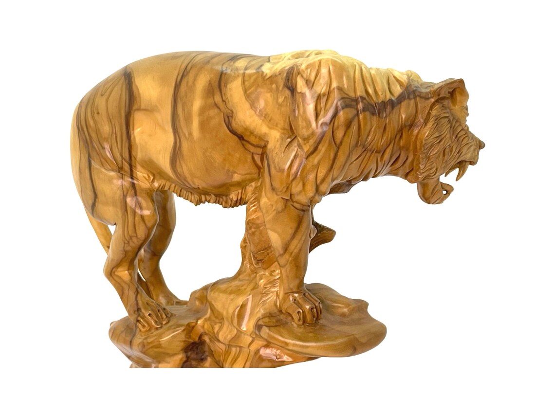 Tiger Sculpture Olive Wood Hand Carved, Vintage Exotic Tiger Animal ...