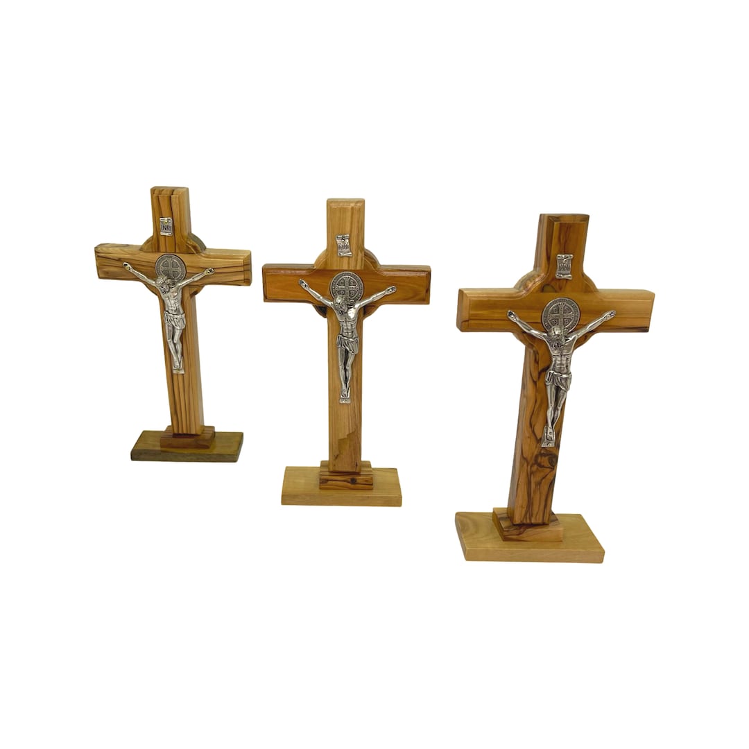 Cross on Stand With Benedict Medal Hand Carved, Wooden Cross, Holy Land ...