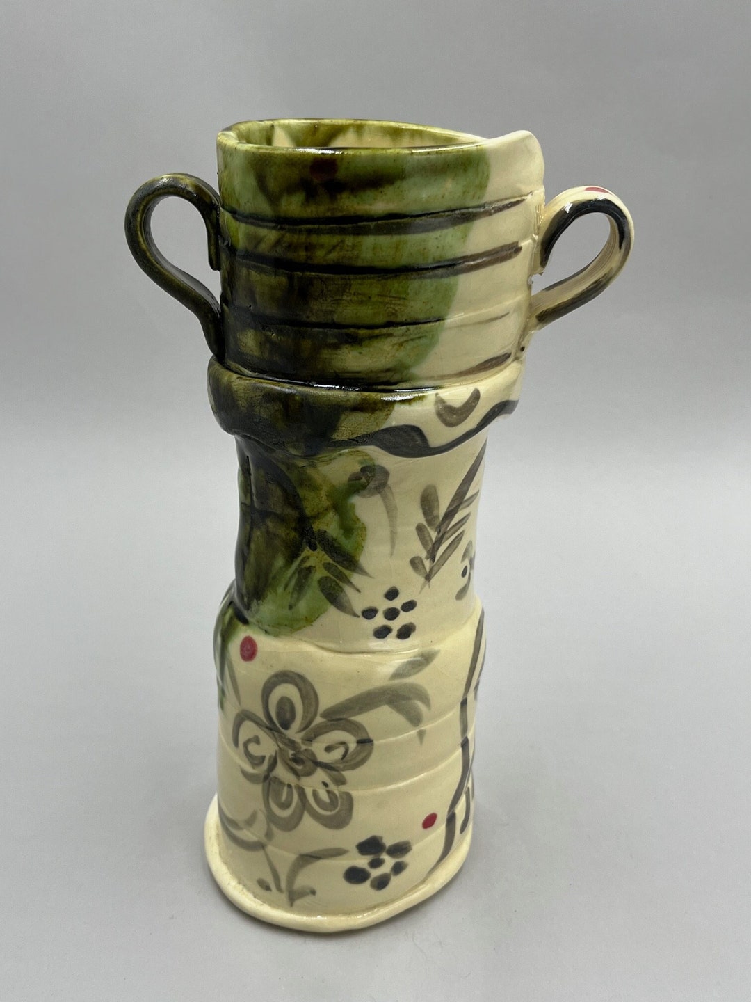 Hand-built Ceramic ,japanese Inspired Oribe Vase With Handles, Floral ...