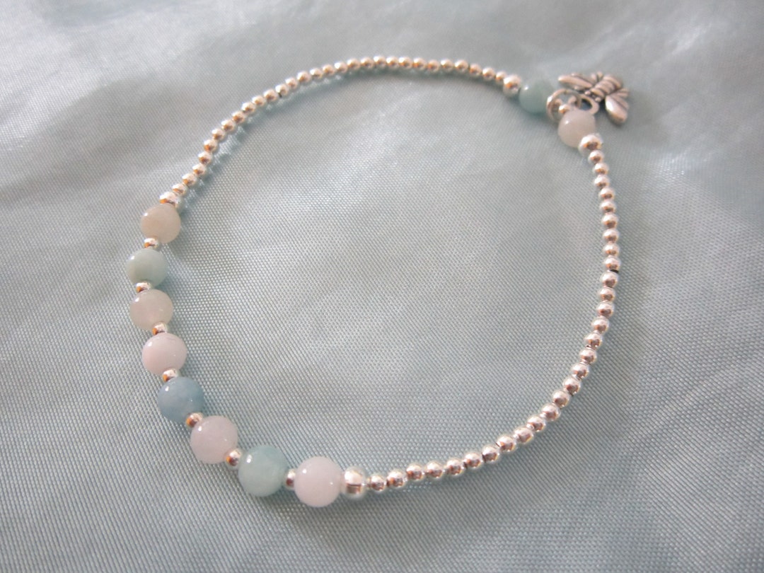 Silver Plated Beaded Beryl Bracelet, Beryl Jewellery, Bee Charm Bracelet, Stretch Elastic ...