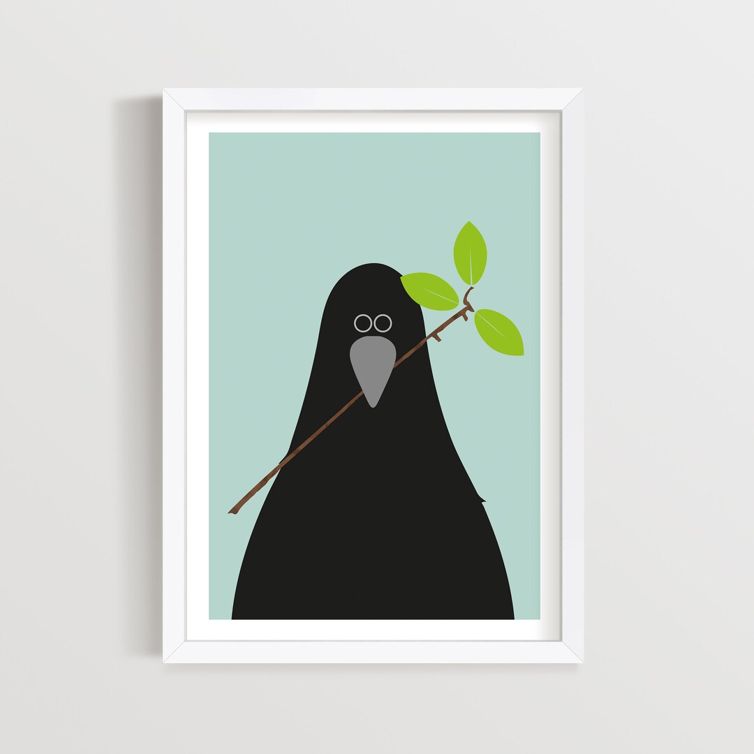 Carrion Crow Art Print: Funny Bird Nursery Decor, Turquoise and Black ...