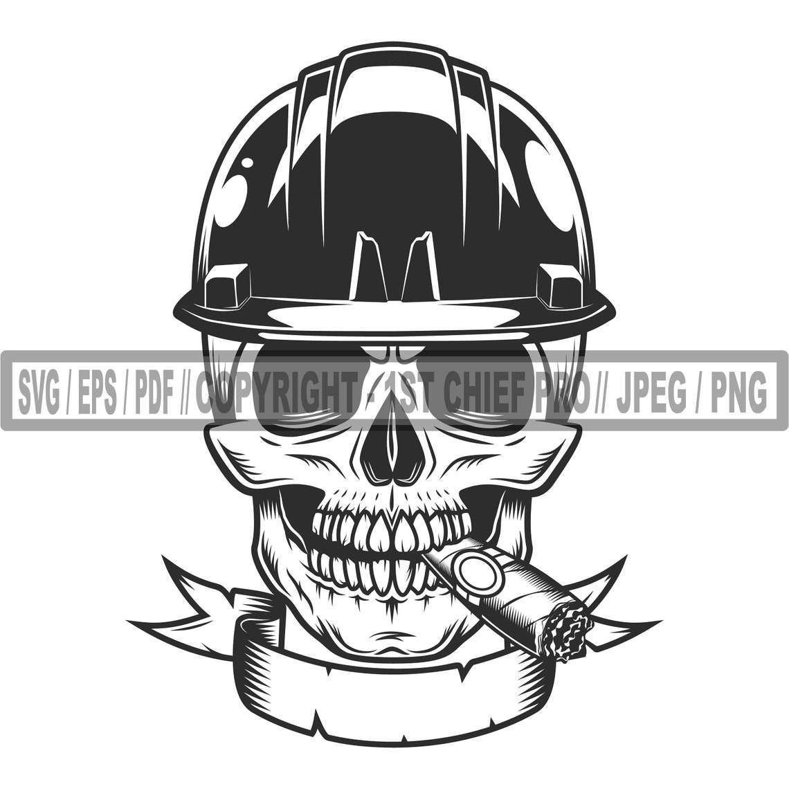 Skull SVG in Hard Hat SVG With Cigar SVG, Skull Svg, Ribbon Svg, Skull ...