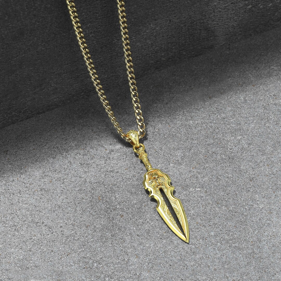 10K 14K 18K Solid Gold Dagger With Skull Pendant, Medieval Age Necklace ...