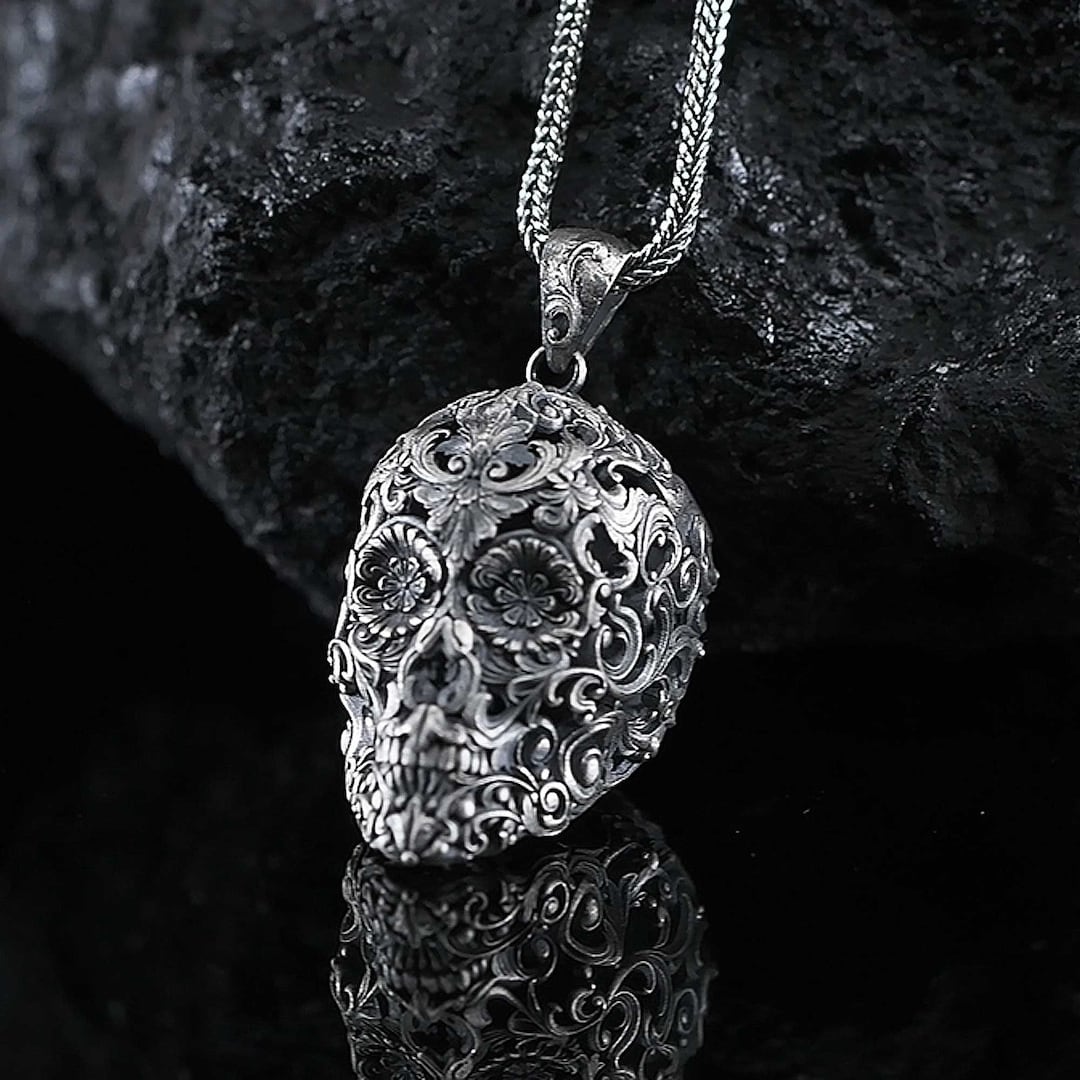 Patterned Skull Silver Necklace, 925K Custom Pendant, Mens Womens ...