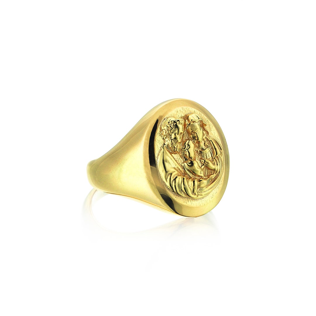 Solid Gold Holy Family Signet Ring, Mother Mary Baby Jesus Saint Joseph ...