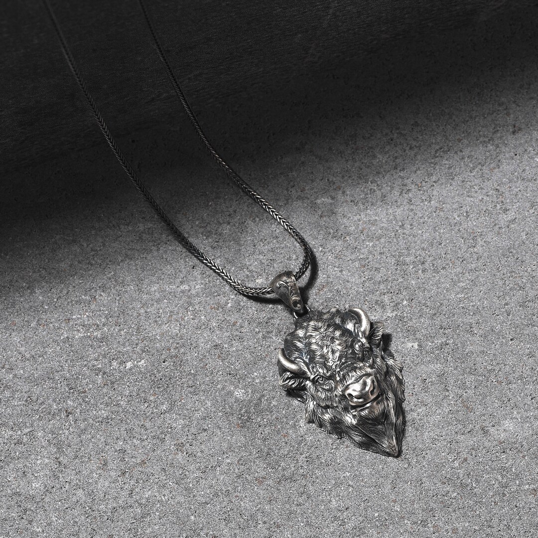 925K Buffalo Head Silver Pendant,african Safari Bison Necklace ...