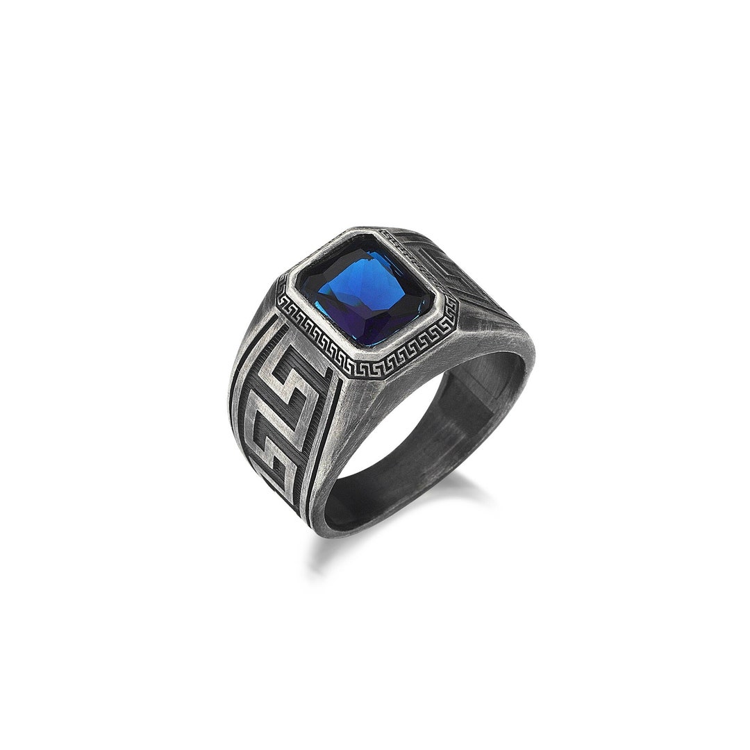 Greek Sapphire Signet Ring, Handcraft Oxidized Ring, Men 925K Jewelry ...