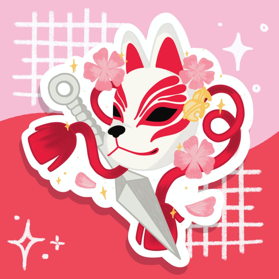 Sakura Kitsune Fox Mask Anime Floral Glossy Matte Sticker Kunai Decal ...