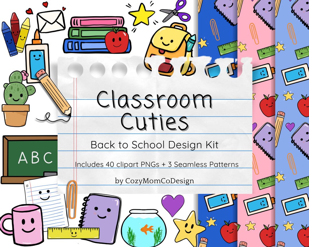 Classroom Cuties – Kawaii School Clipart and Seamless Patterns | 40 PNG ...