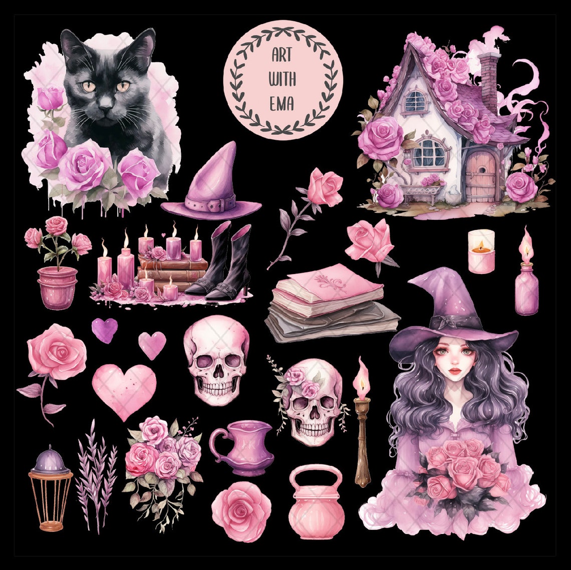 Watercolor Love Witch Clipart Bundle, Romantic Magic Witch Clip Art PNG ...