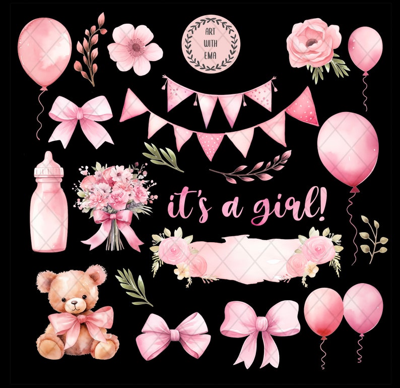 Watercolor Pink Baby Girl Clip Art Bundle, Baby Gender Announcement PNG ...