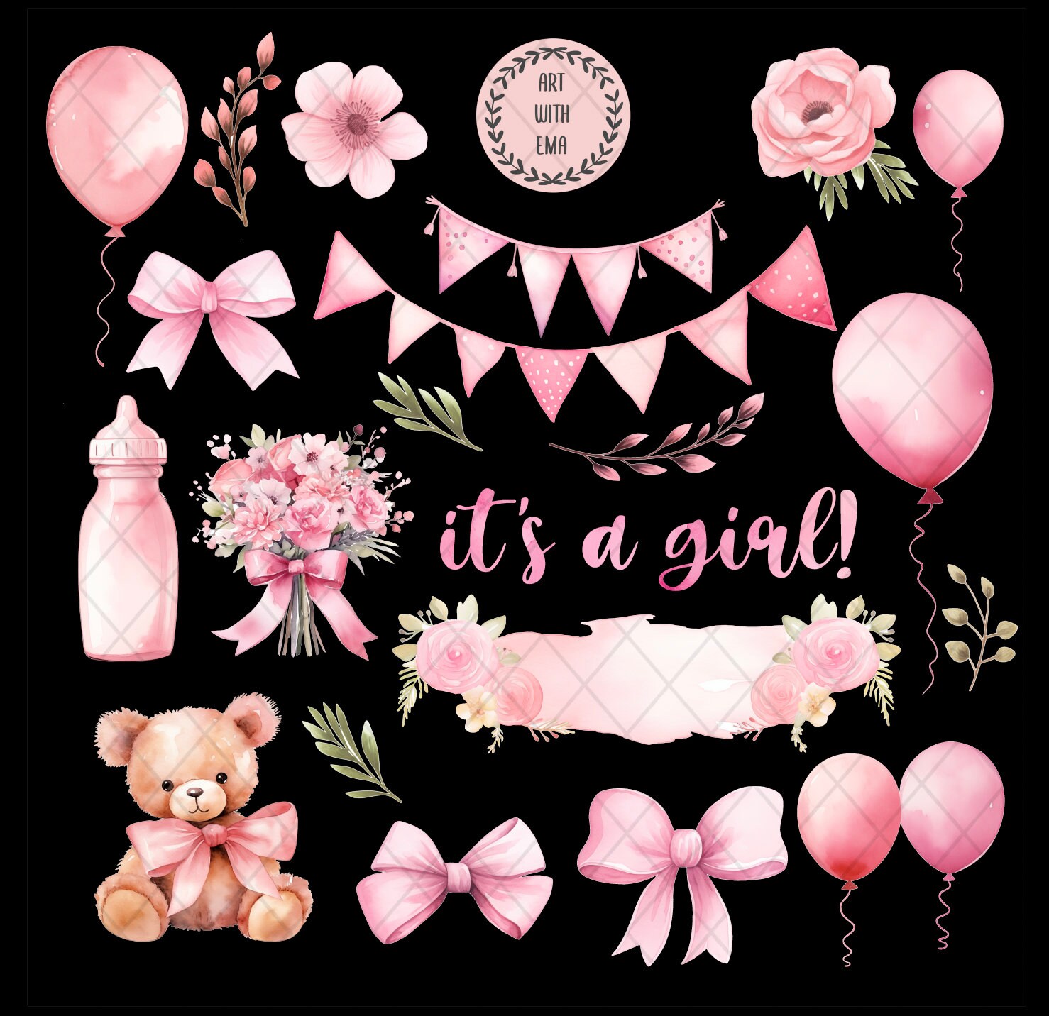 Watercolor Pink Baby Girl Clip Art Bundle, Baby Gender Announcement PNG ...