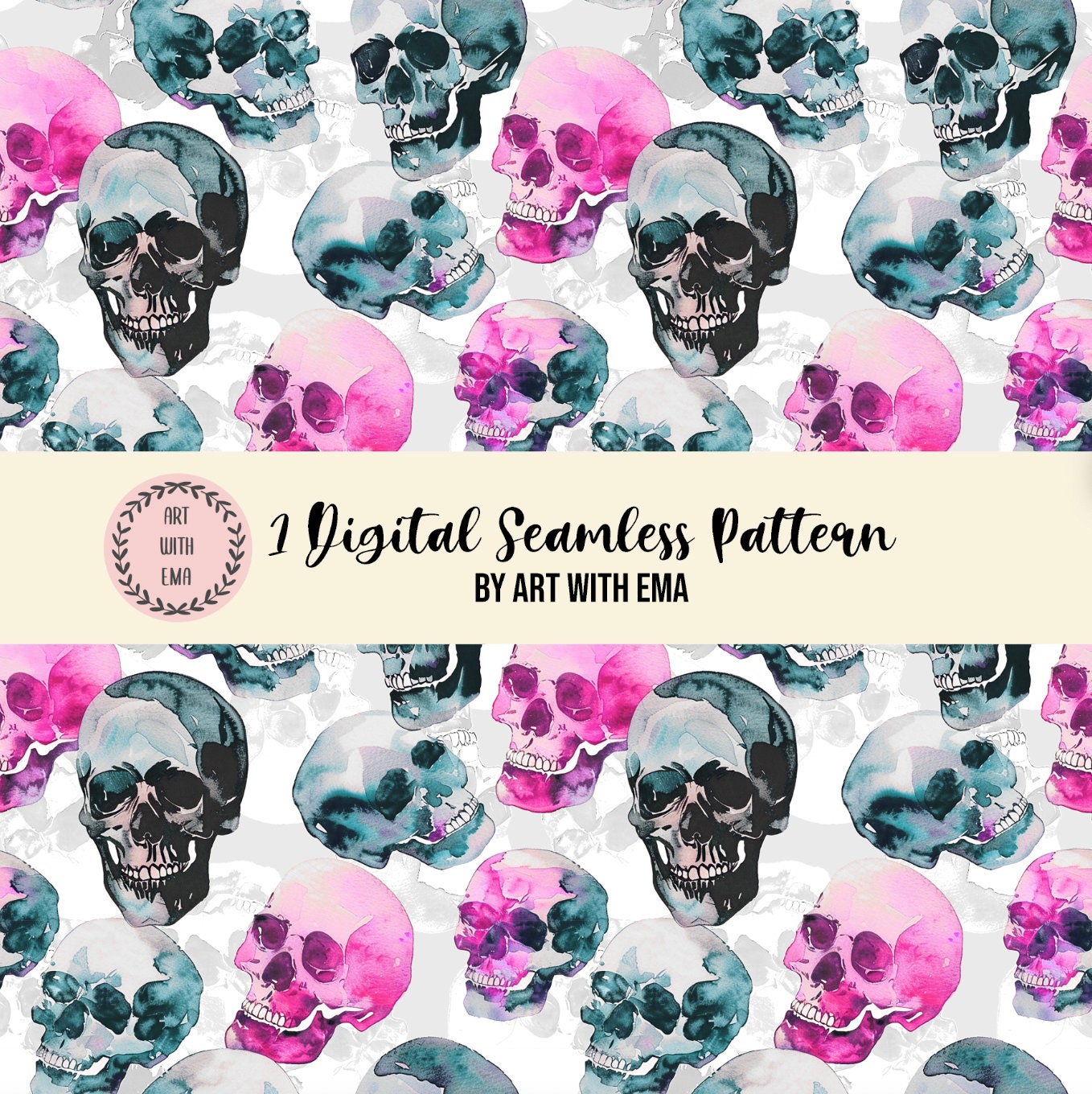 Watercolor Skulls Seamless Pattern, Seamless Acrylic Spooky Background ...
